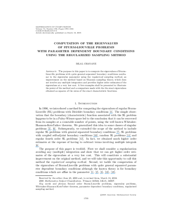(PDF) Computation of the eigenvalues of Sturm-Liouville problems with parameter dependent ...