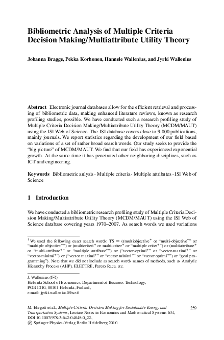 (PDF) Bibliometric Analysis of Multiple Criteria Decision Making/Multiattribute Utility Theory