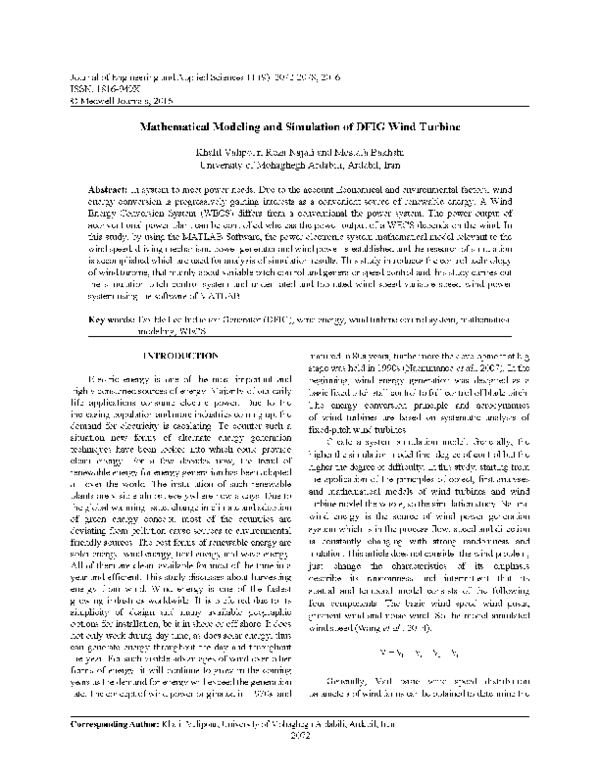 (PDF) Mathematical Modeling and Simulation of DFIG Wind Turbine
