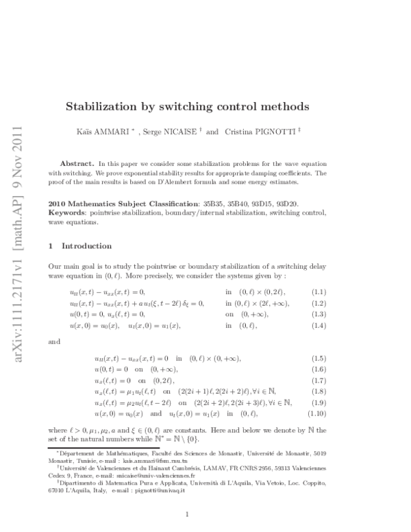 (PDF) Stabilization by switching control methods