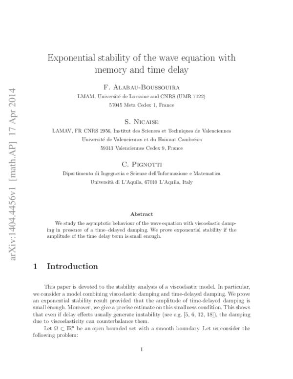 (PDF) Exponential stability of the wave equation with memory and time delay