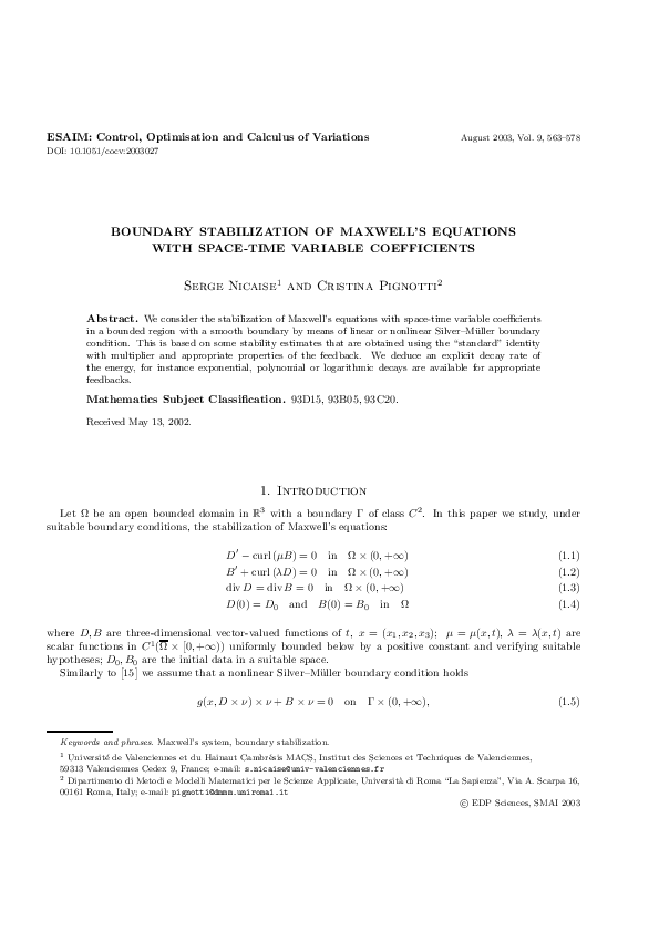 (PDF) Boundary stabilization of Maxwell's equations with space-time variable coefficients
