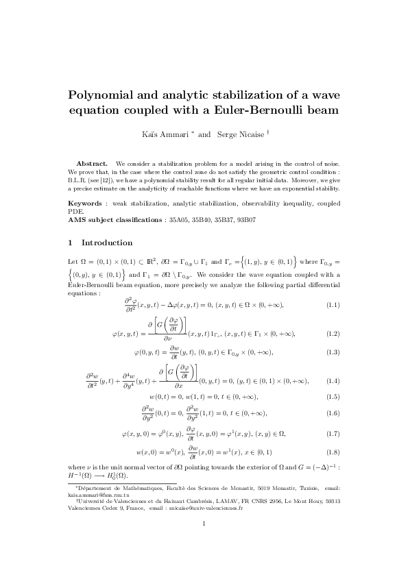 (PDF) Polynomial and analytic stabilization of a wave equation coupled with an Euler-Bernoulli beam