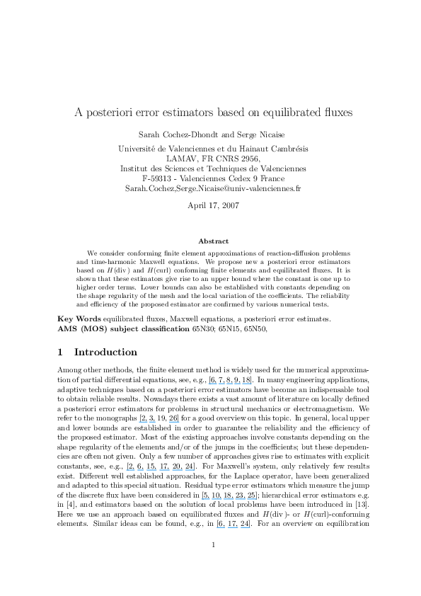 Pdf A Posteriori Error Estimators Based On Equilibrated Fluxes