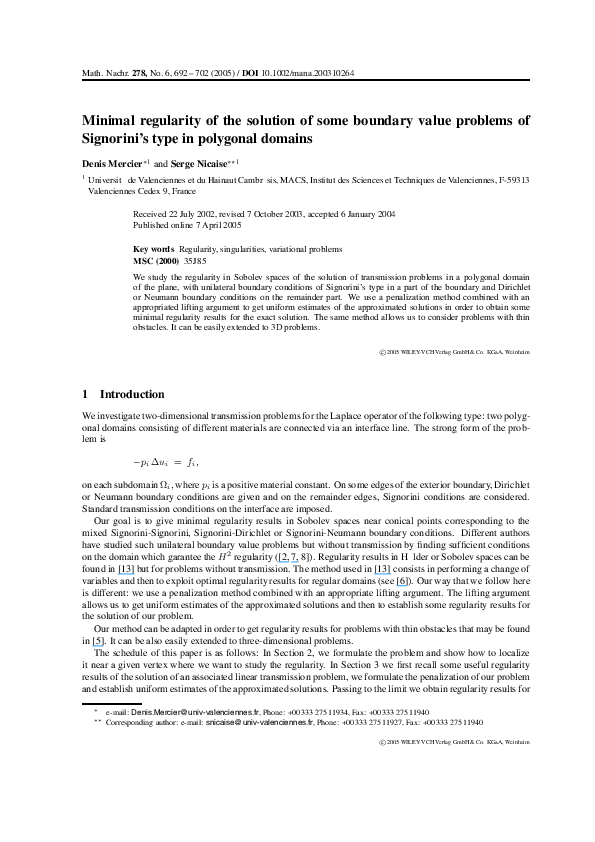 (PDF) Minimal regularity of the solution of some boundary value problems of Signorini's type in ...