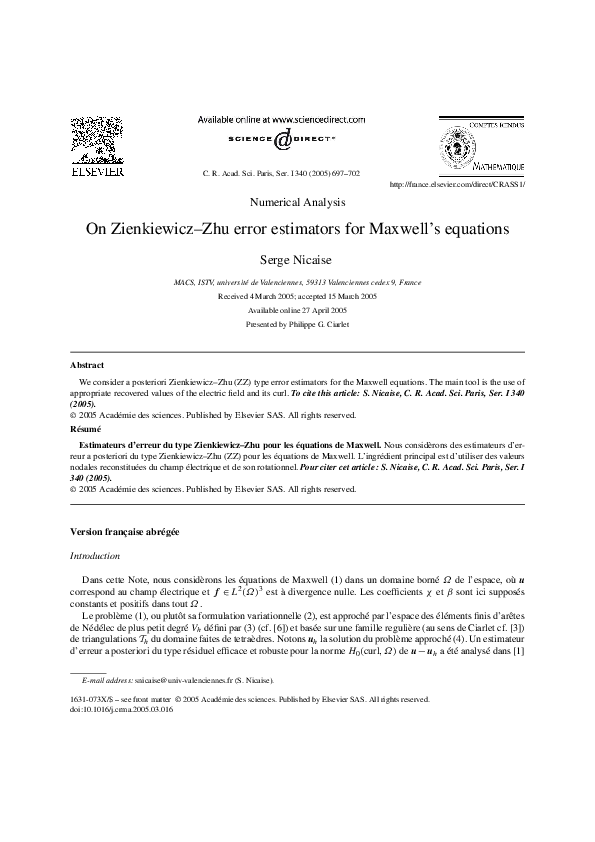 (PDF) On Zienkiewicz–Zhu error estimators for Maxwell's equations | Serge Nicaise - Academia.edu