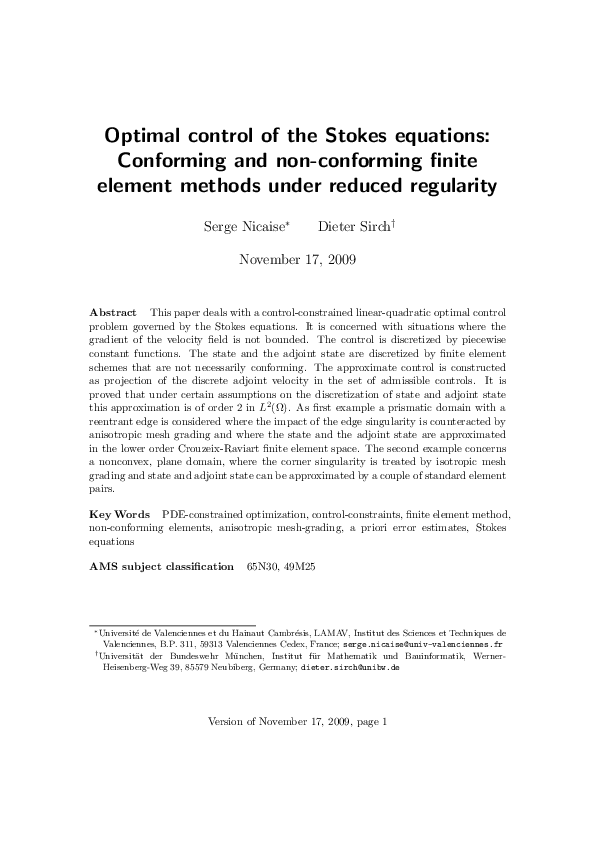 Pdf Optimal Control Of The Stokes Equations Conforming And Non Conforming Finite Element