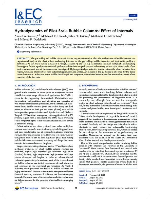 (PDF) Hydrodynamics of Pilot-Scale Bubble Columns: Effect of Internals