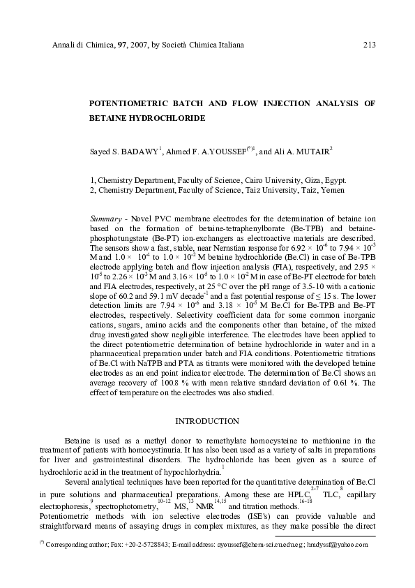 Pdf Potentiometric Batch And Flow Injection Analysis Of Betaine Hydrochloride