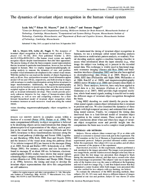 Pdf The Dynamics Of Invariant Object Recognition In The Human Visual System