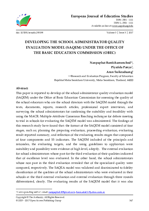 (PDF) DEVELOPING THE SCHOOL ADMINISTRATOR QUALITY EVALUATION MODEL (SAQEM) UNDER THE OFFICE OF ...