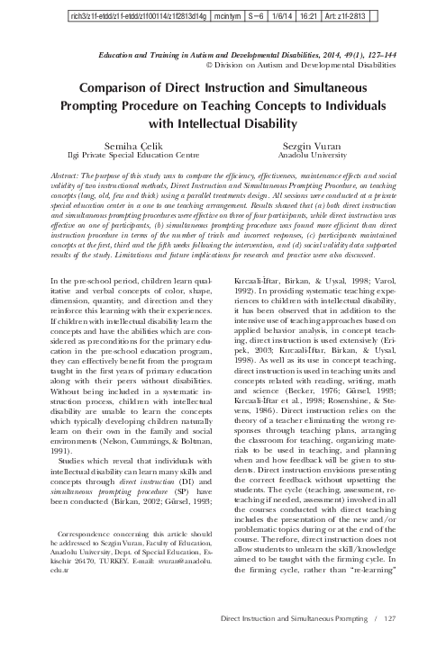 Pdf Comparison Of Direct Instruction And Simultaneous Prompting Procedure On Teaching Concepts