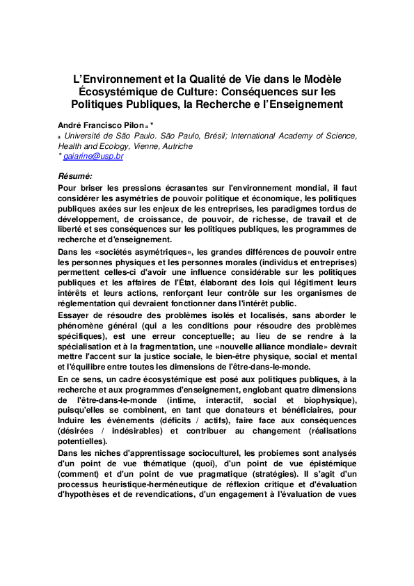 (PDF) L'Environnement et la Qualité de Vie dans le Modèle Écosystémique ...