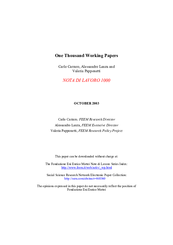(PDF) One Thousand Working Papers | Alessandro LANZA and Carlo Carraro ...