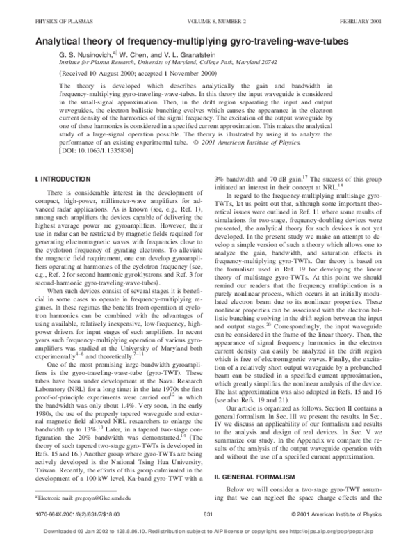 (PDF) Analytical theory of frequency-multiplying gyro-traveling-wave-tubes