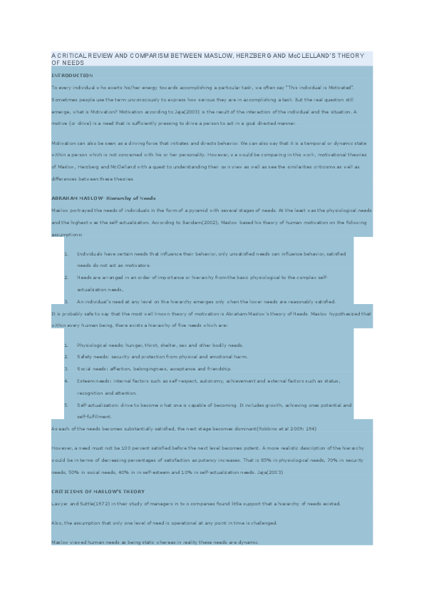 (DOC) A CRITICAL REVIEW AND COMPARISM BETWEEN MASLOW, HERZBERG AND ... (DOC) A CRITICAL REVIEW AND COMPARISM BETWEEN MASLOW, HERZBERG AND ...