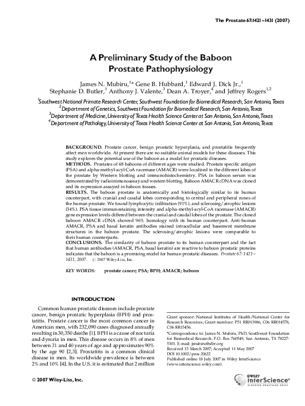 (PDF) A preliminary study of the baboon prostate pathophysiology