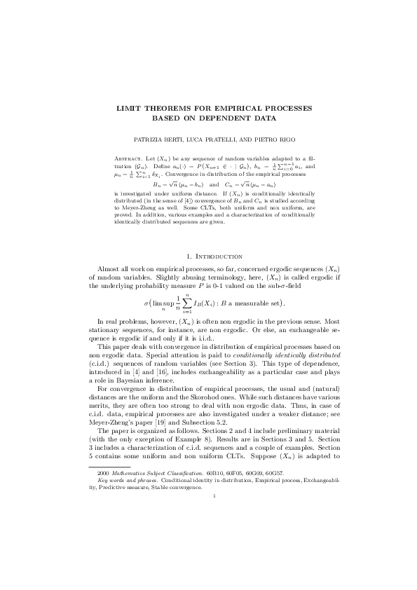 (PDF) Limit theorems for empirical processes based on dependent data | Patrizia Berti - Academia.edu