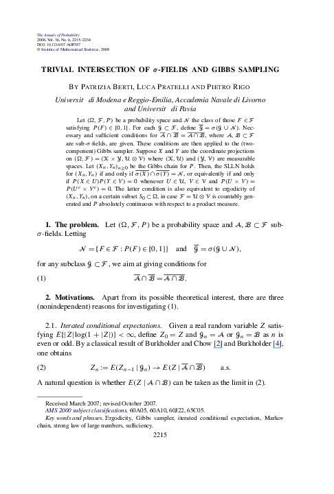 (PDF) Trivial intersection of σ -fields and Gibbs sampling