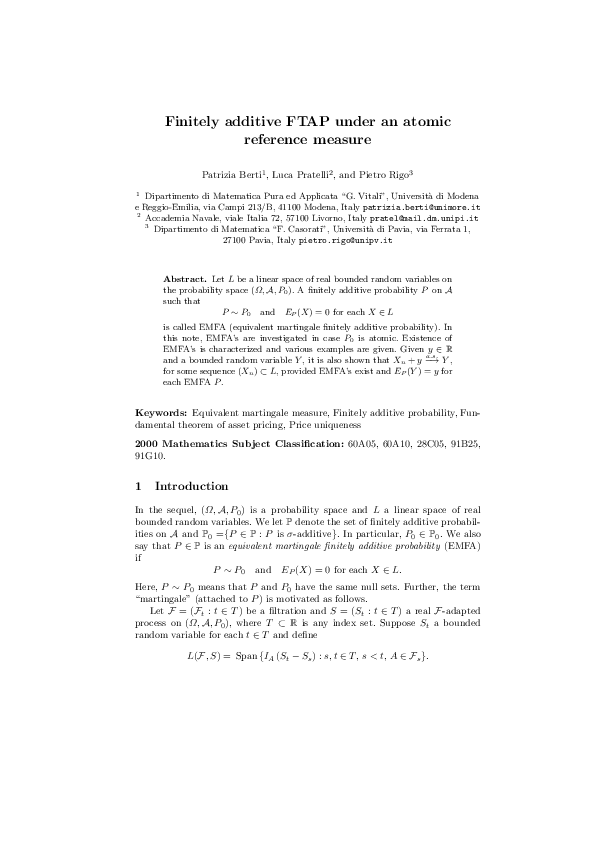 (PDF) Finitely Additive FTAP under an Atomic Reference Measure