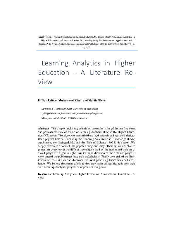 (PDF) Learning Analytics in Higher Education -A Literature Review