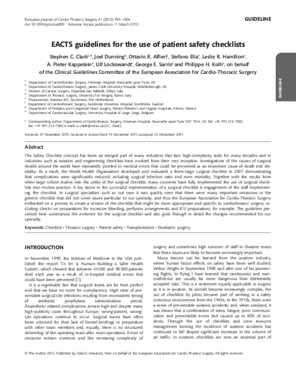 (PDF) EACTS guidelines for the use of patient safety checklists