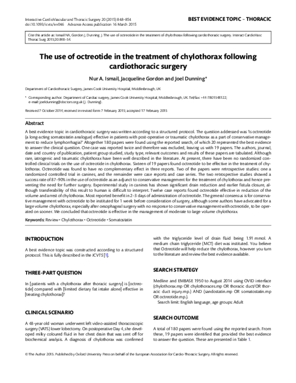 (PDF) The use of octreotide in the treatment of chylothorax following ...