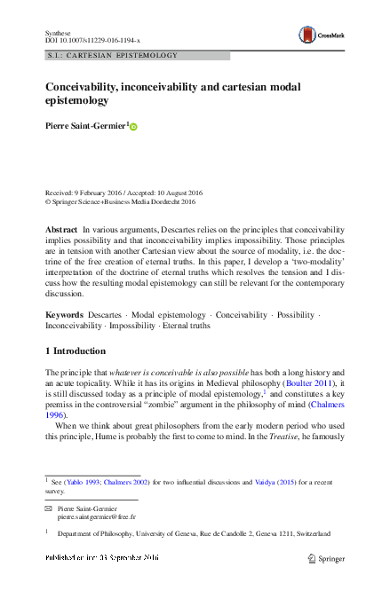 (PDF) Conceivability, Inconceivability and Cartesian Modal Epistemology