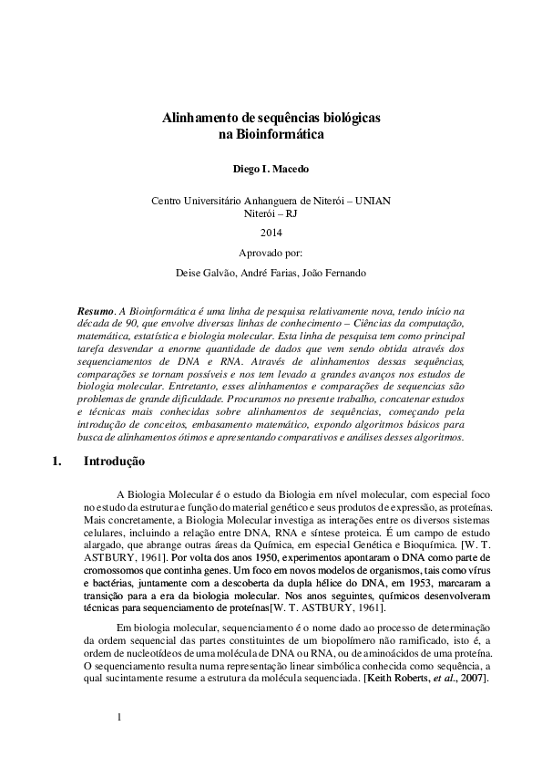 (PDF) Alinhamento de sequências biológicas na Bioinformática
