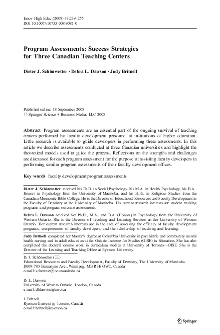 (PDF) Program Assessments: Success Strategies for Three Canadian ...