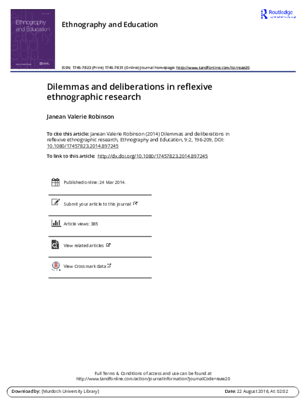 (PDF) Dilemmas and deliberations in reflexive ethnographic research