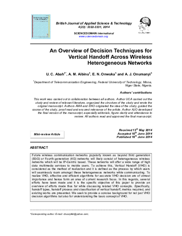 Pdf An Overview Of Decision Techniques For Vertical Handoff Across Wireless Heterogeneous