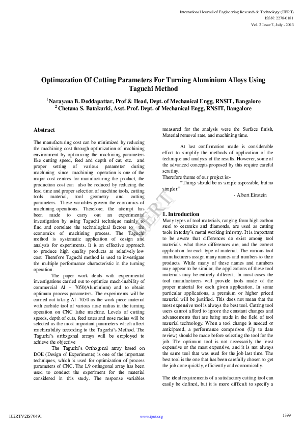 Pdf Optimazation Of Cutting Parameters For Turning Aluminium Alloys Using Taguchi Method