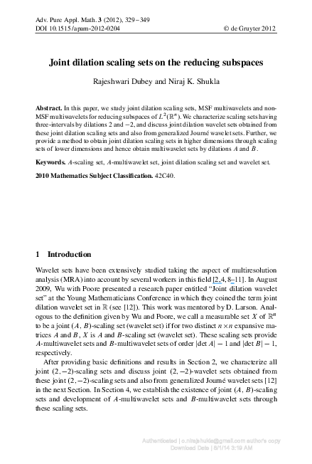 (PDF) Joint dilation scaling sets on the reducing subspaces