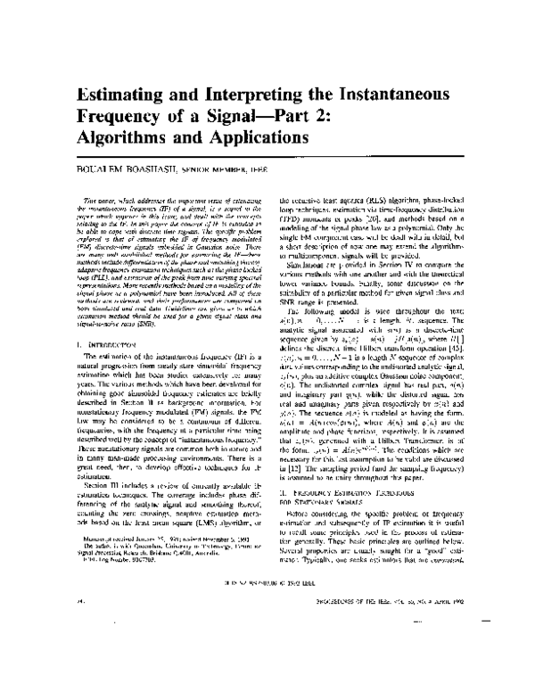 Pdf Estimating And Interpreting The Instantaneous Frequency Of A Signal Part 2 Algorithms And