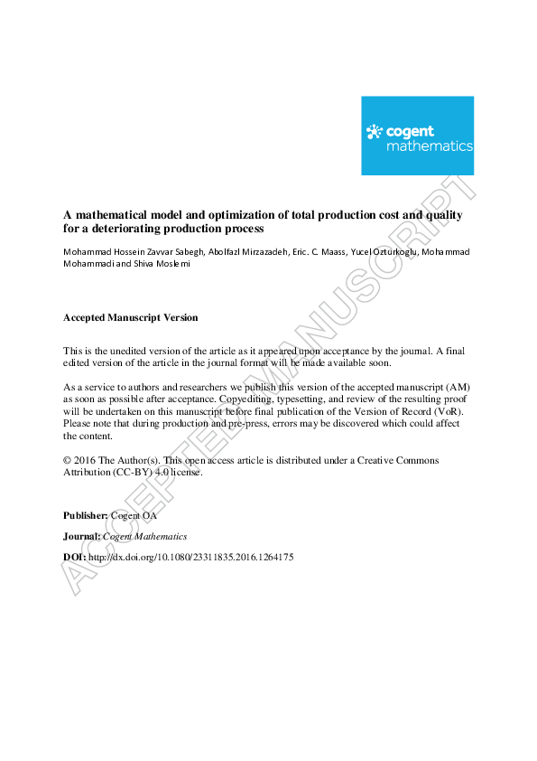 Pdf A Mathematical Model And Optimization Of Total Production Cost And Quality For A