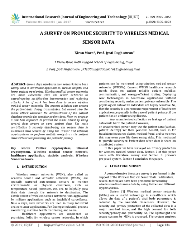 (PDF) IRJET-A SURVEY ON PROVIDE SECURITY TO WIRELESS MEDICAL SENSOR DATA