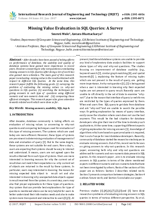 (PDF) IRJET-Missing Value Evaluation in SQL Queries: A Survey