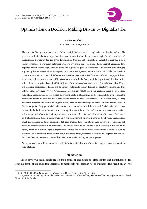 (PDF) Optimization on Decision Making Driven by Digitalization