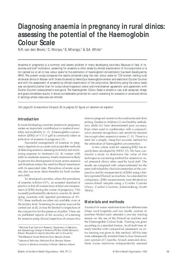 (PDF) Diagnosing anaemia in pregnancy in rural clinics: assessing the ...