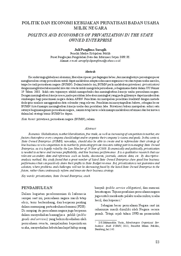 (PDF) POLITIK DAN EKONOMI KEBIJAKAN PRIVATISASI BADAN USAHA MILIK NEGARA POLITICS AND ECONOMICS ...