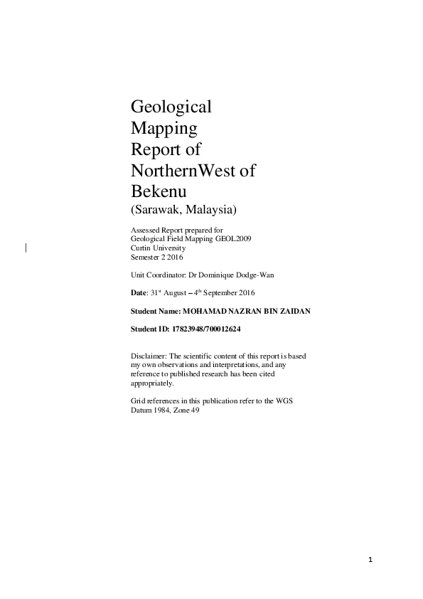 (PDF) Geological Mapping Report of NorthernWest of Bekenu