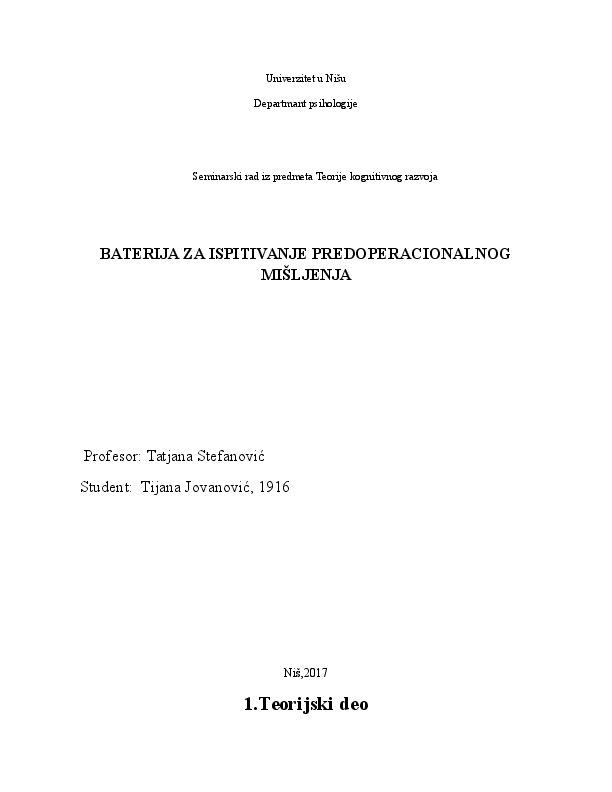 (DOC) BATERIJA ZA ISPITIVANJE PREDOPERACIONALNOG MIŠLJENJA 1.Teorijski deo