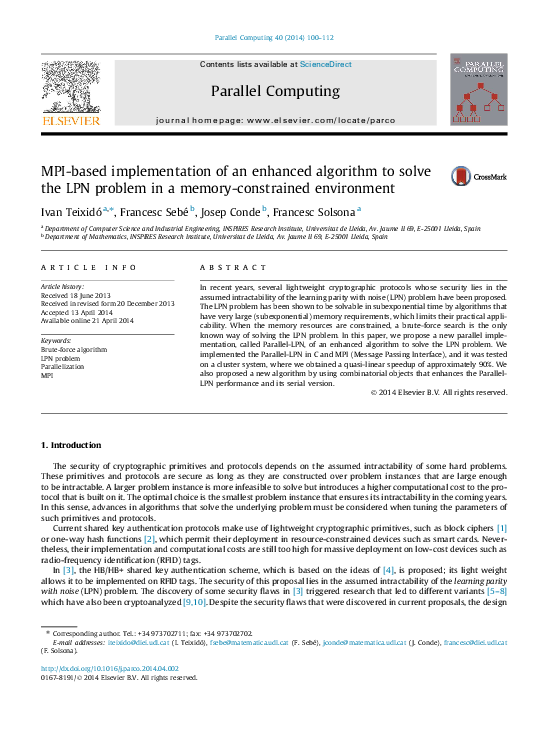 (PDF) MPI-based implementation of an enhanced algorithm to solve the LPN problem in a memory ...