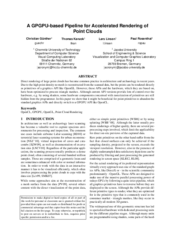 Pdf A Gpgpu Based Pipeline For Accelerated Rendering Of Point Clouds