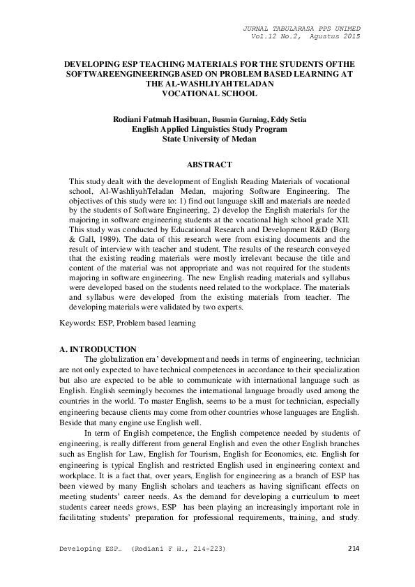 (PDF) DEVELOPING ESP TEACHING MATERIALS FOR THE STUDENTS OFTHE SOFTWAREENGINEERINGBASED ON ...