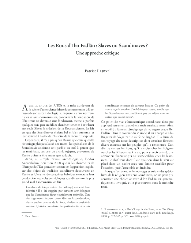 (PDF) Les Rous d'Ibn Fadlân : Slaves ou Scandinaves ? Une approche critique
