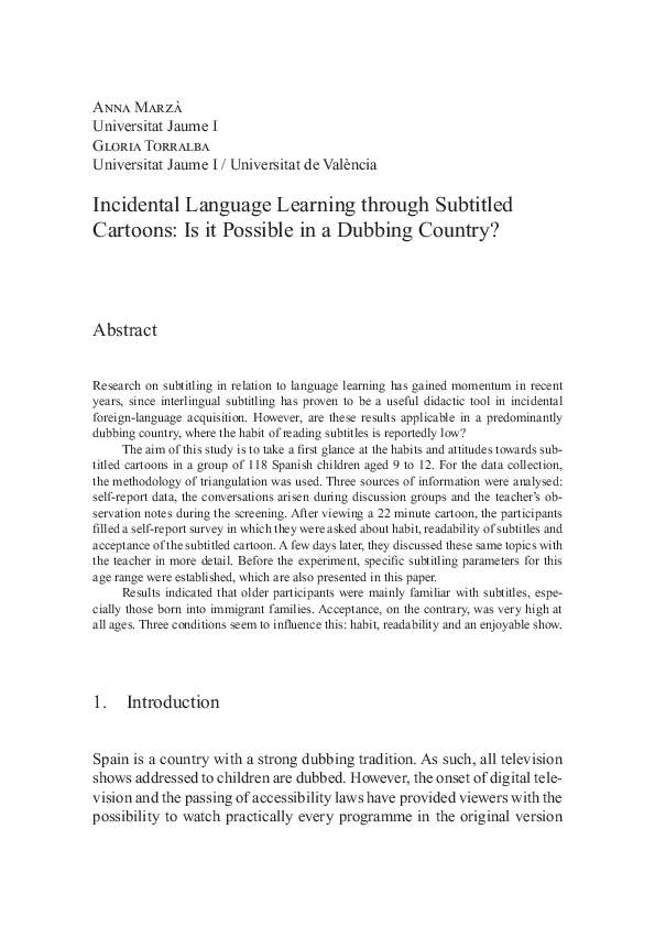 (PDF) Incidental Language Learning through Subtitled Cartoons: Is it ...