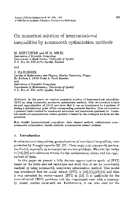 (PDF) On numerical solution of hemivariational inequalities by nonsmooth optimization methods