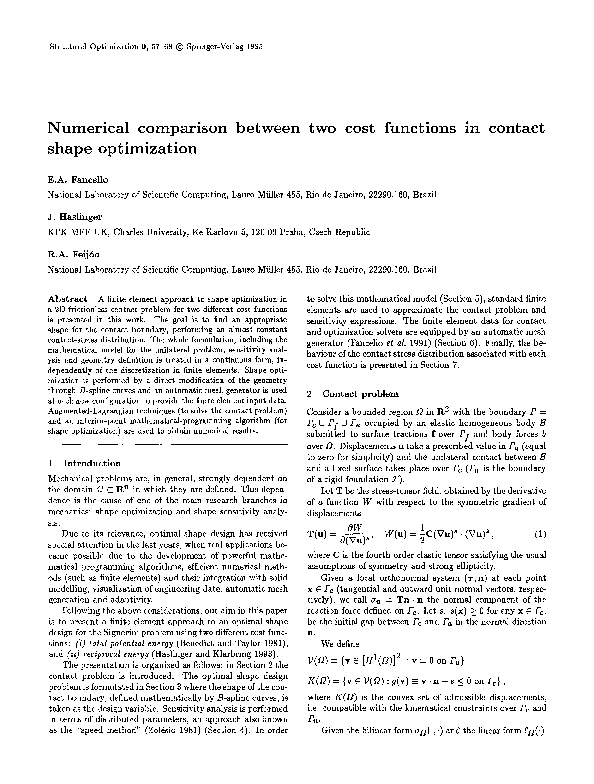 (PDF) Numerical comparison between two cost functions in contact shape optimization | Jaroslav ...